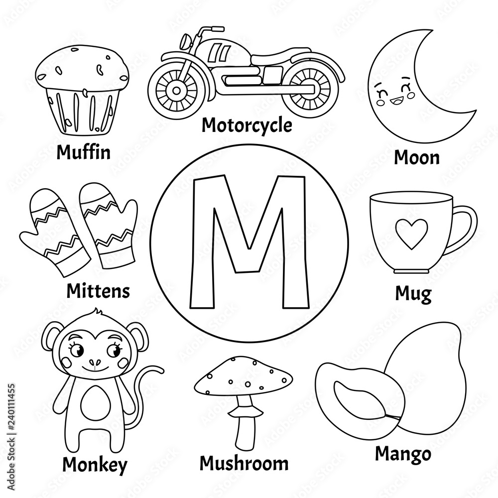 Vector cute kids animal alphabet. Letter M. Set of cute cartoon ...