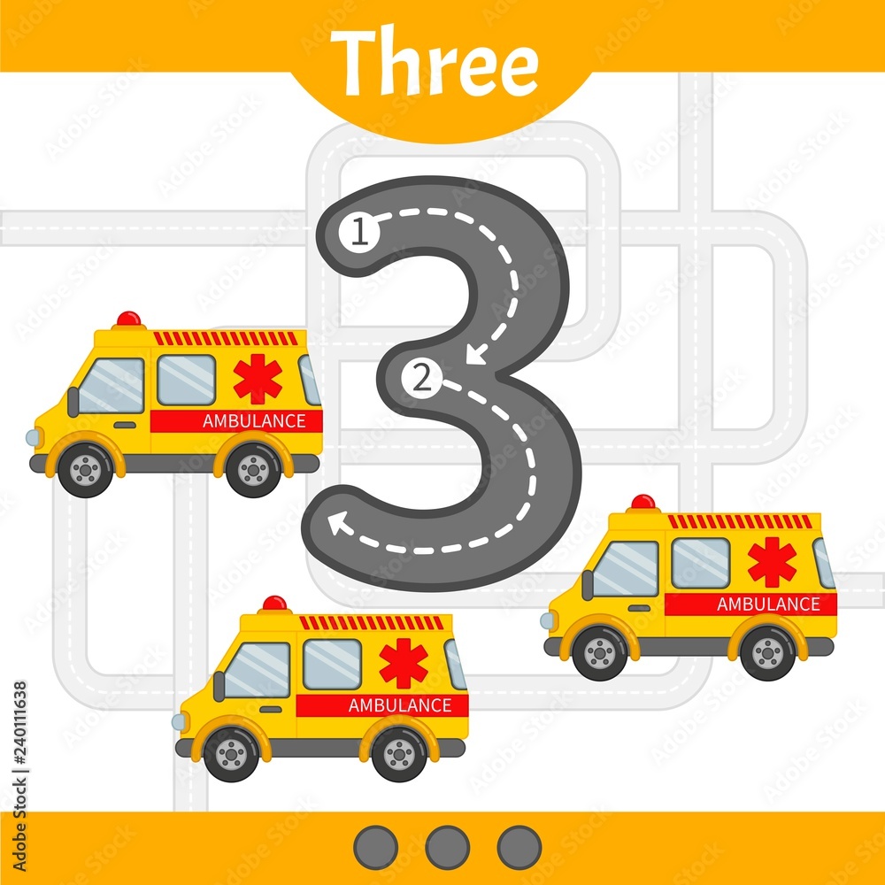 Kids learning material. Card for learning numbers. Number 3. Cartoon ...