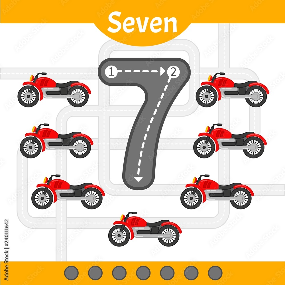 Kids learning material. Card for learning numbers. Number 7. Cartoon ...