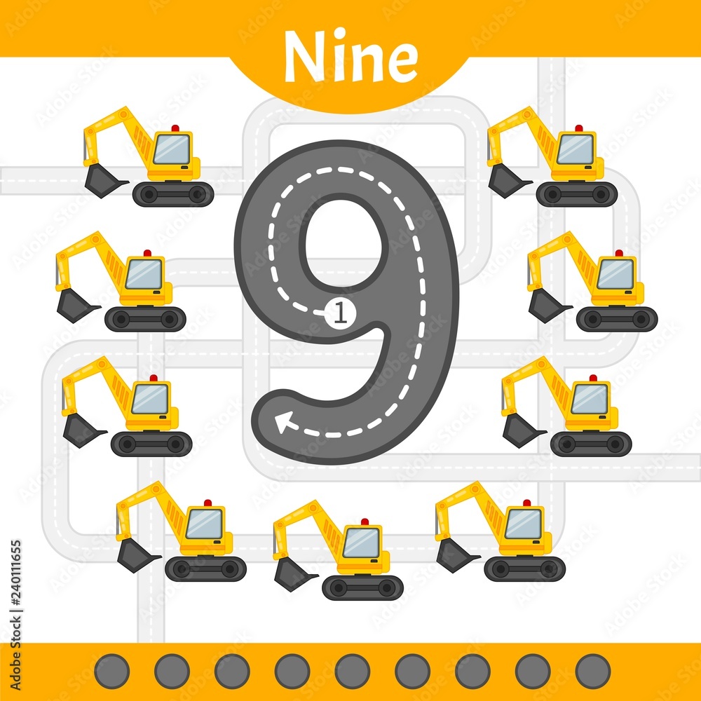 Kids learning material. Card for learning numbers. Number 9. Cartoon ...