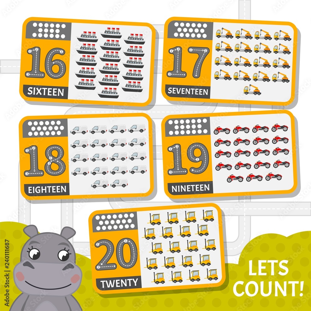 Kids learning material. Card for learning numbers. Number 16-20 ...