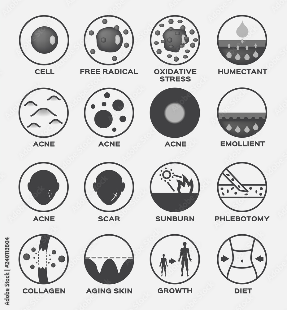 skin icon vector set / cell acne free radical oxidative stress ...
