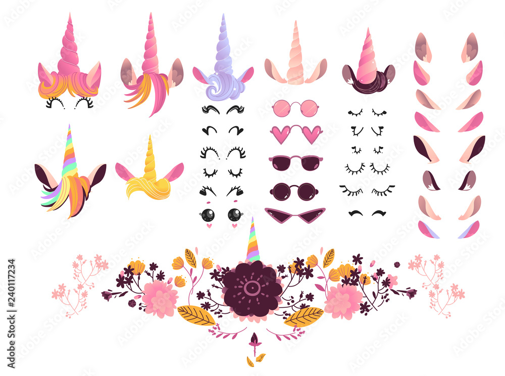 Unicorn face creation kit vector illustration - isolated cute cartoon ...