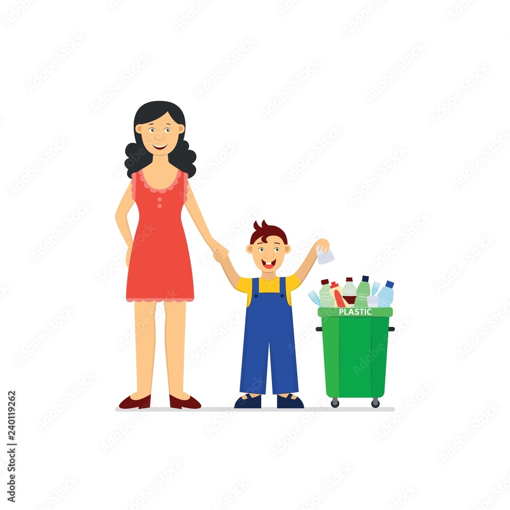 Recycle and waste segregation and sorting concept - little kid boy with ...