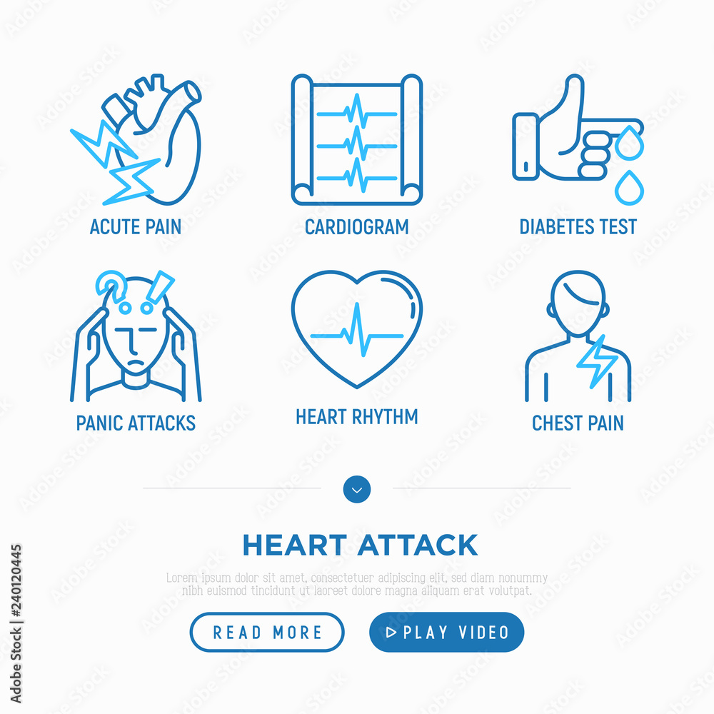 Heart attack symptoms thin line icons set: acute pain, cardiogram ...