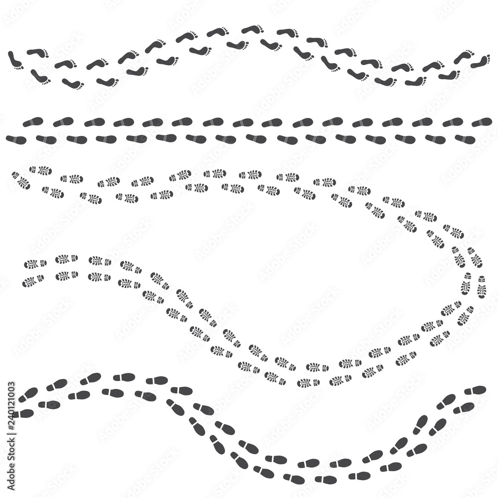 Vector illustration set of different black human footprint routes ...