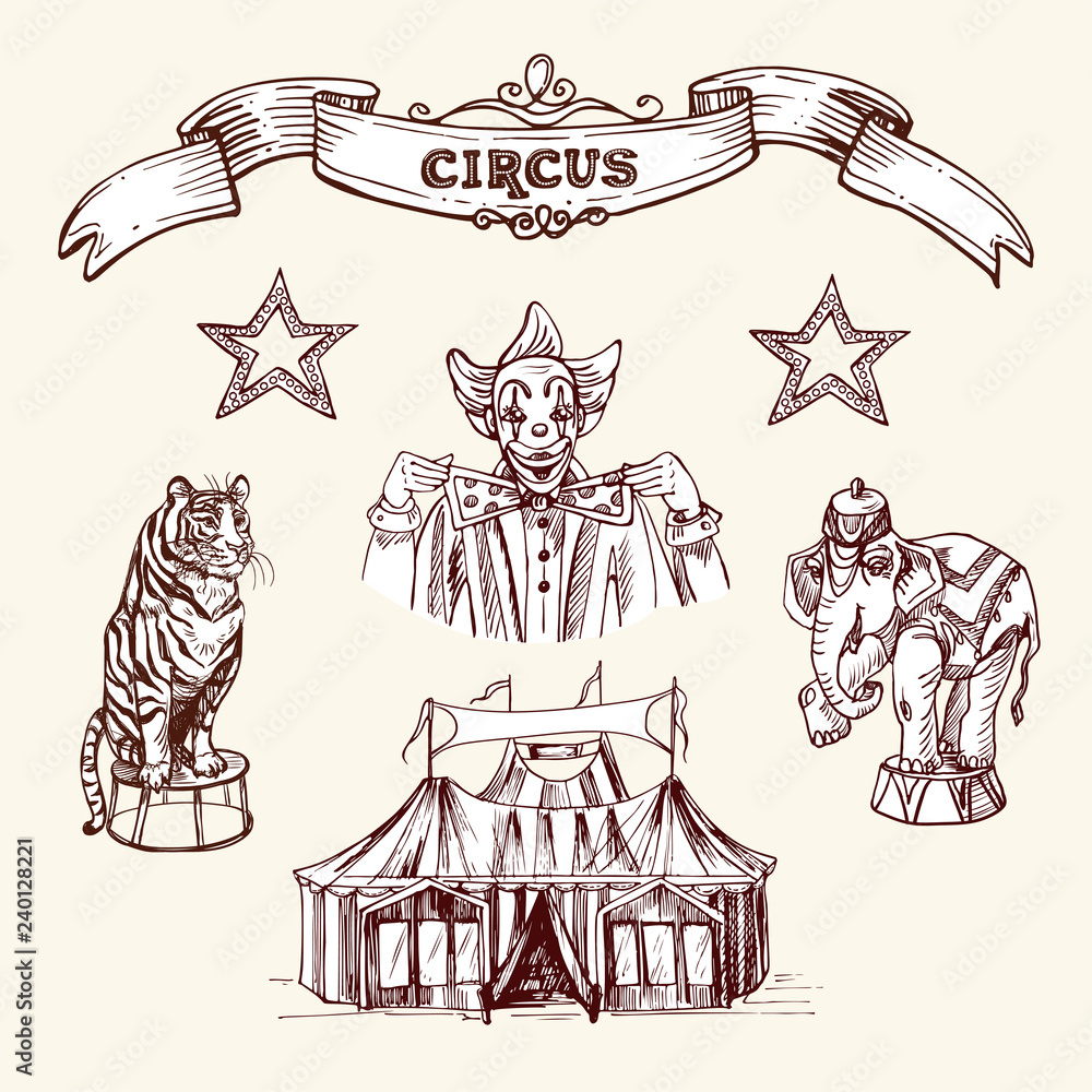 Circus illustration with tent, clown and circus animals. Vector ...
