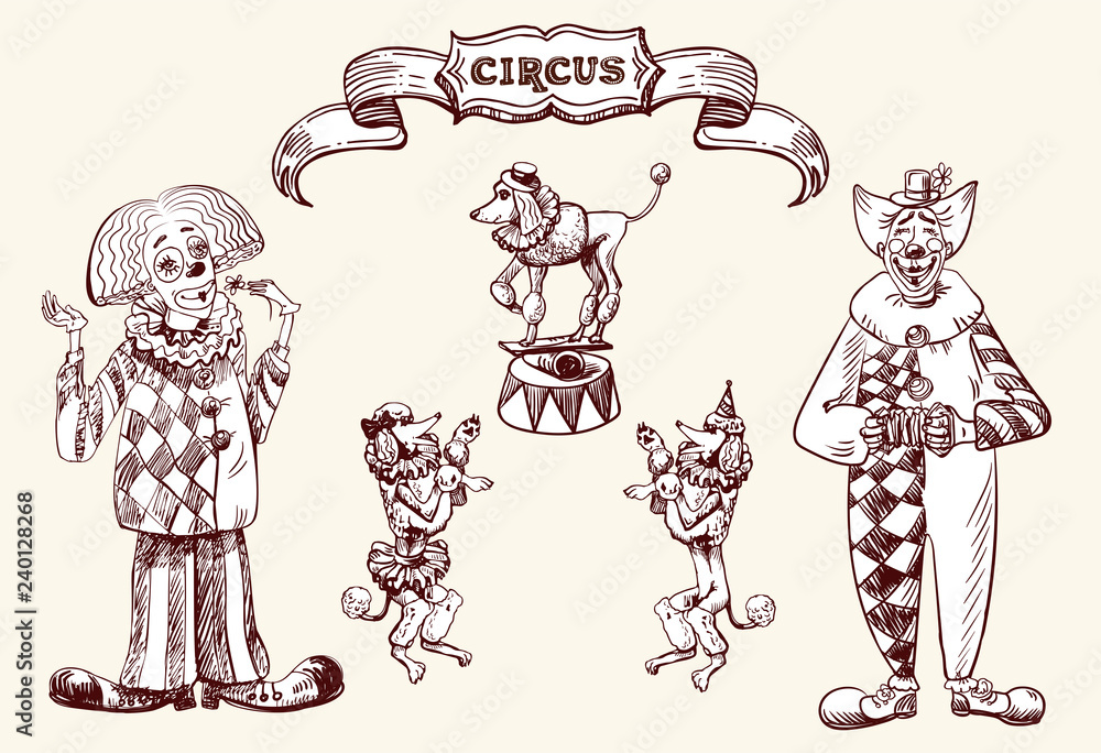 Circus illustration with clowns and circus dogs. Vector illustration in ...