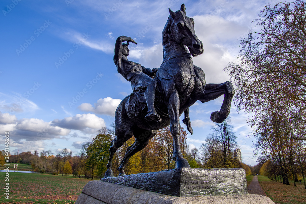 LONDON, ENGLAND 09 NOV. 2018. Horse Rider sculpture called Physical ...
