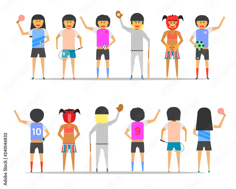 girl woman group friendship sport together front-back view vector ...