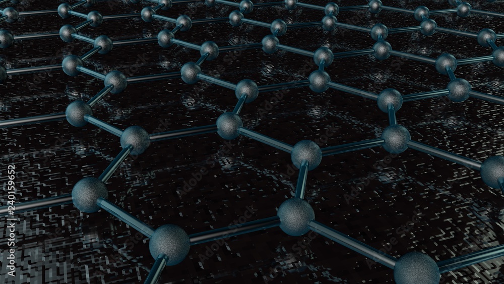 3D illustration of a crystal lattice of graphene, carbon molecule ...