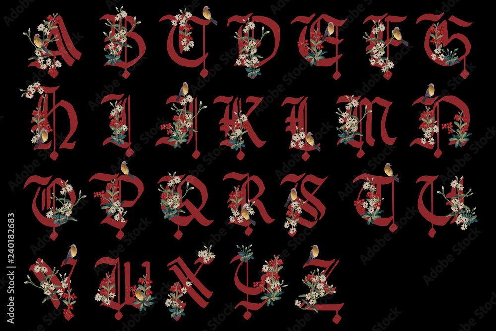 Hand drawn deep red gothic alphabet, lettering for logos, badges ...