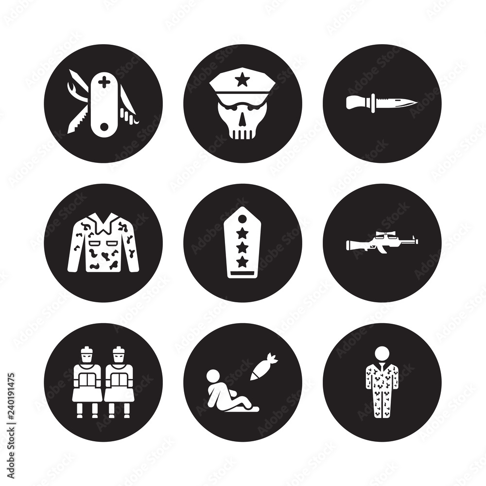 9 vector icon set : Swiss Army Knife, Skull Army, Terracotta, Sniper ...
