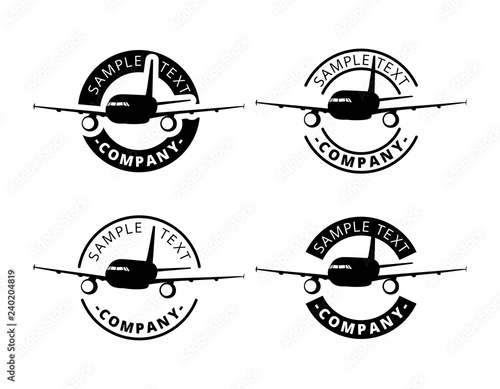 Black plane logo circle border, silhouette airplane icon sphere print ...