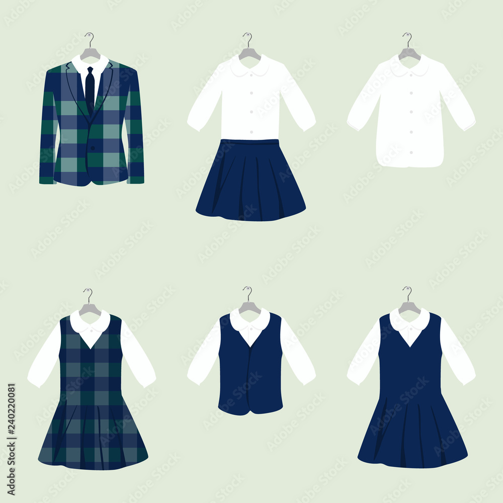 School or College Uniforms on Hangers. Kids Clothes Vector Set Stock ...