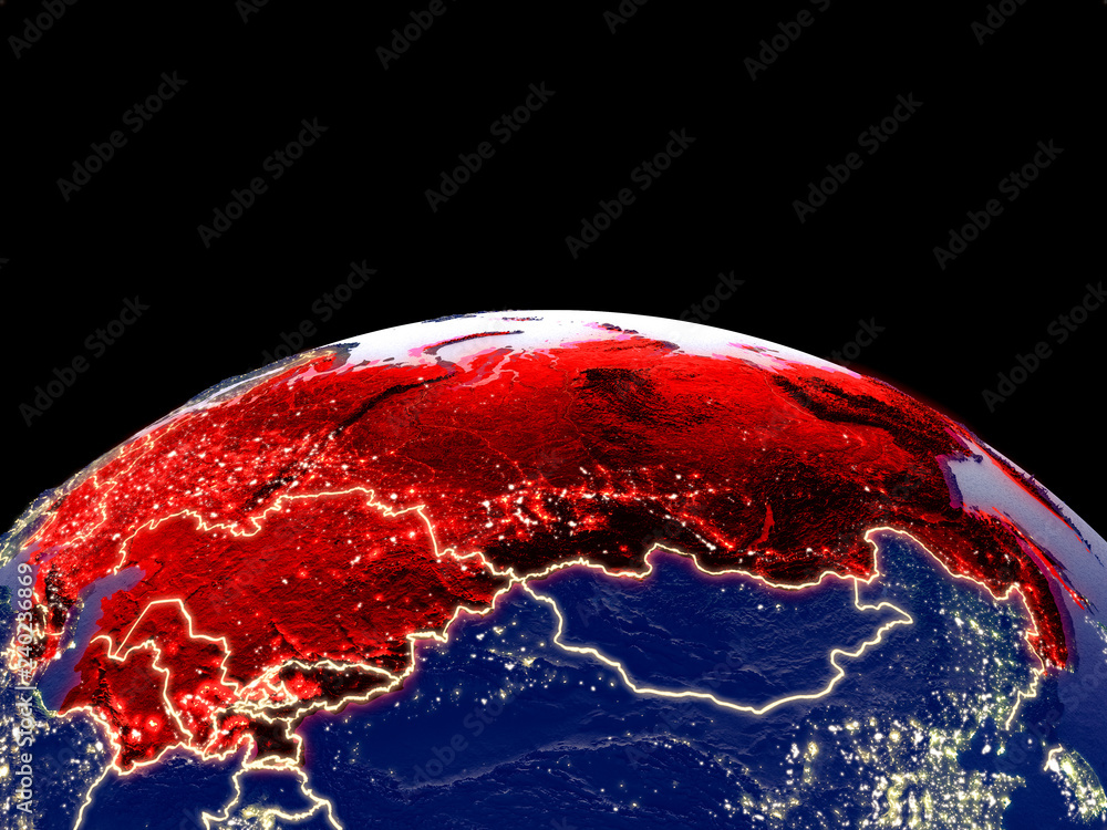 Former Soviet Union from space on planet Earth at night with bright ...