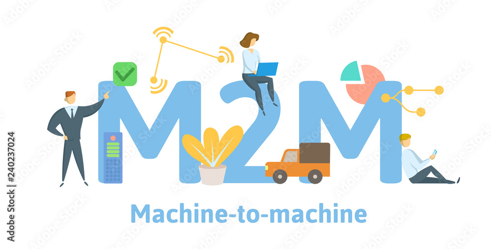 M2M, machine to machine. Concept with keywords, letters and icons ...
