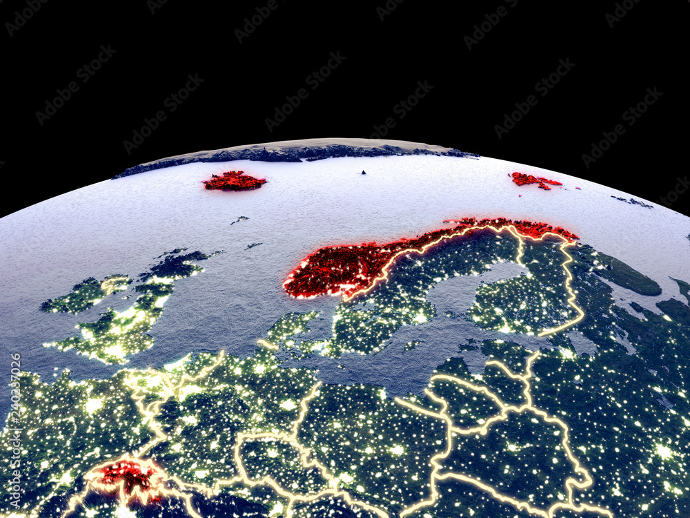 EFTA countries from space on planet Earth at night with bright city ...