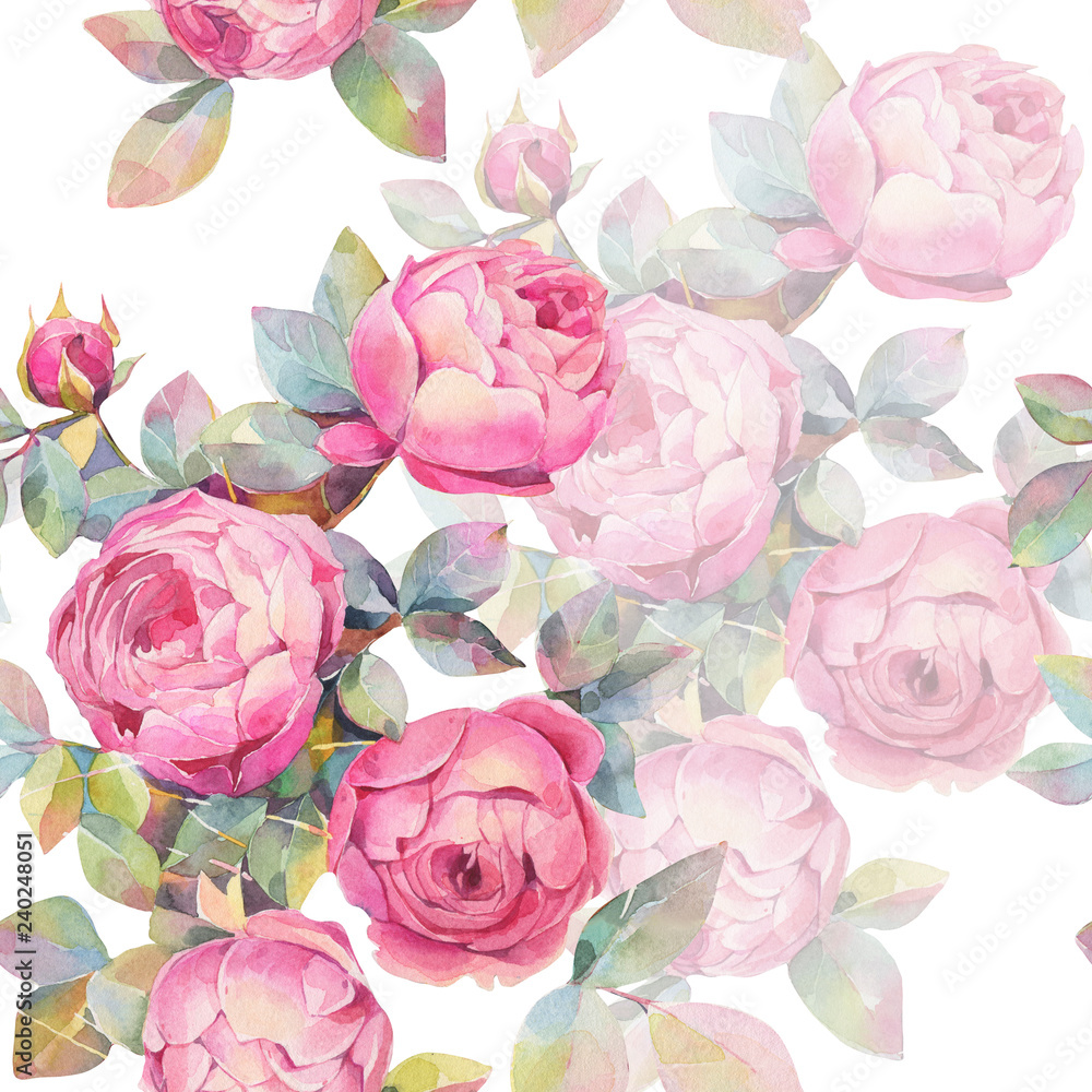 Seamless pattern with colorful roses. Romantic wallpaper. Hand painted ...