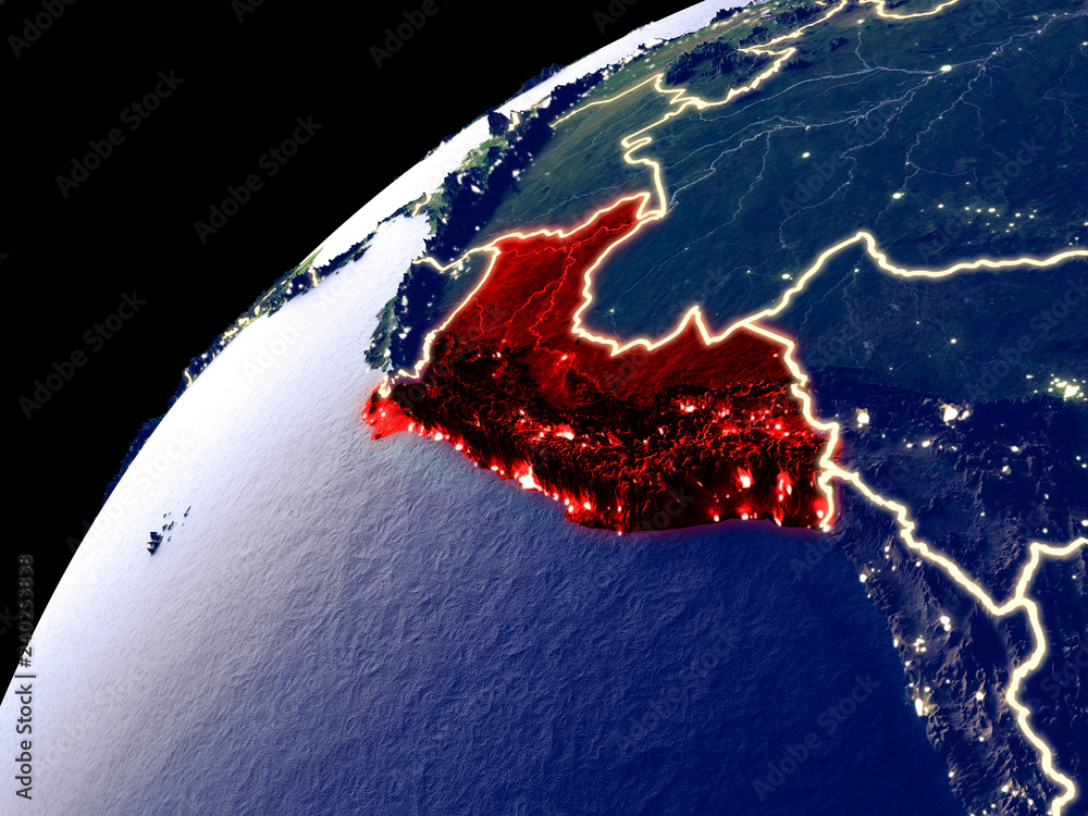 Satellite view of Peru on Earth with city lights. Extremely detailed ...