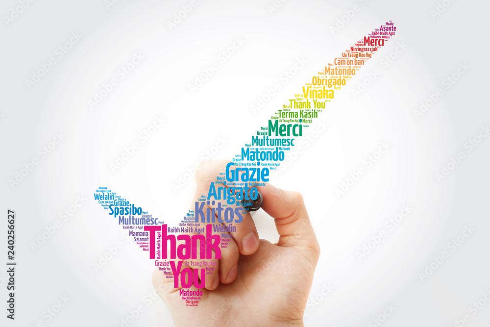 Thank You check mark in different languages with marker, concept word ...