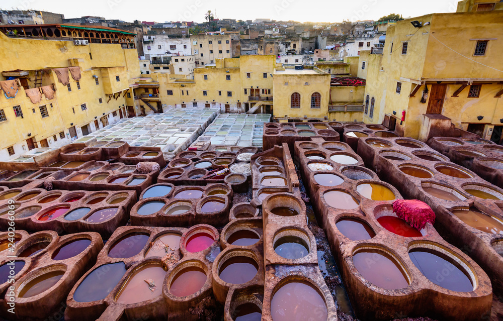 Sightseeing of Morocco. Tanneries of Fez. Dye reservoirs and vats in ...