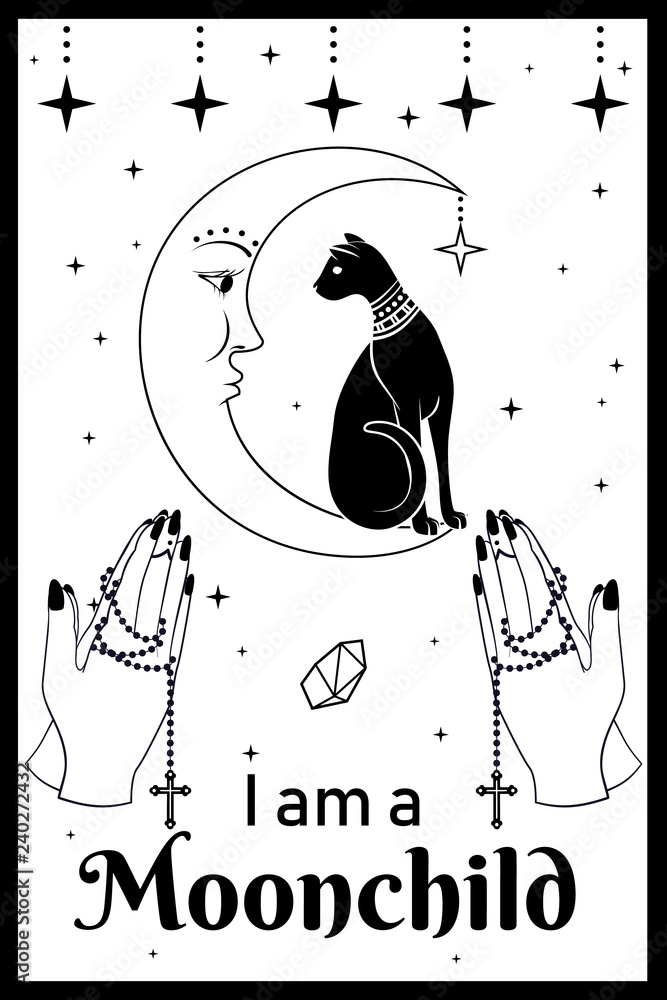 Black Cat on the Moon. Praying hands holding a rosary. I am a Moonchild ...