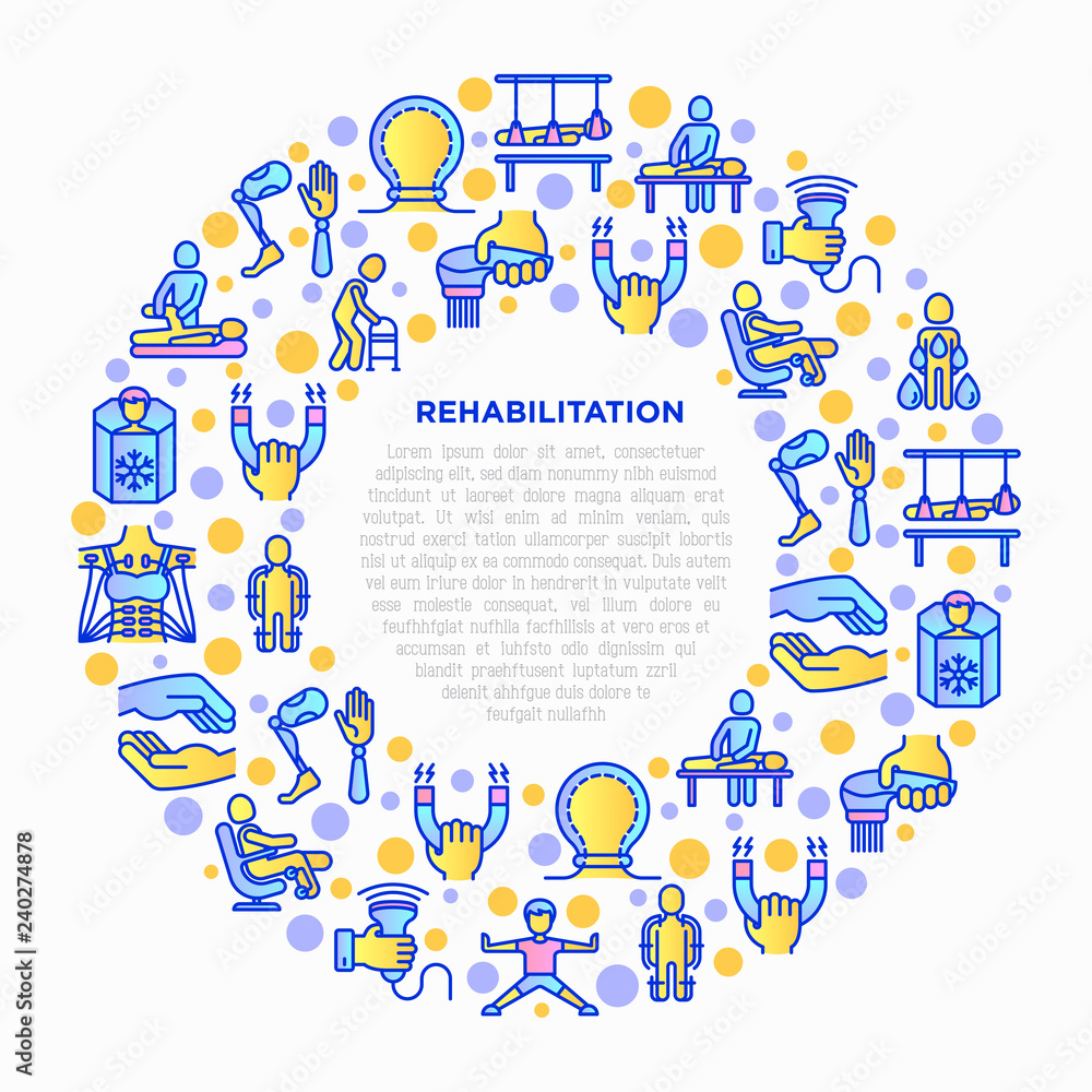 Rehabilitation for disabled concept in circle with thin line icons ...