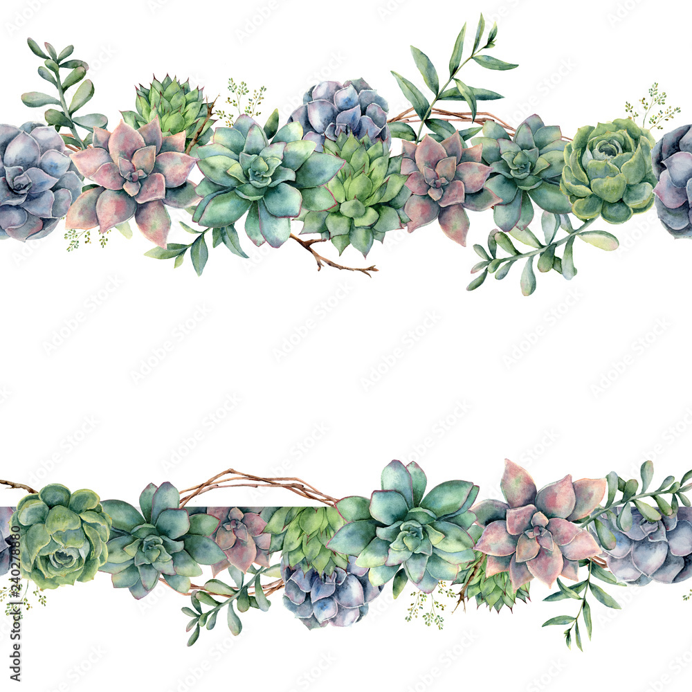 Watercolor floral banner with succulents, tree branch and eucalyptus ...