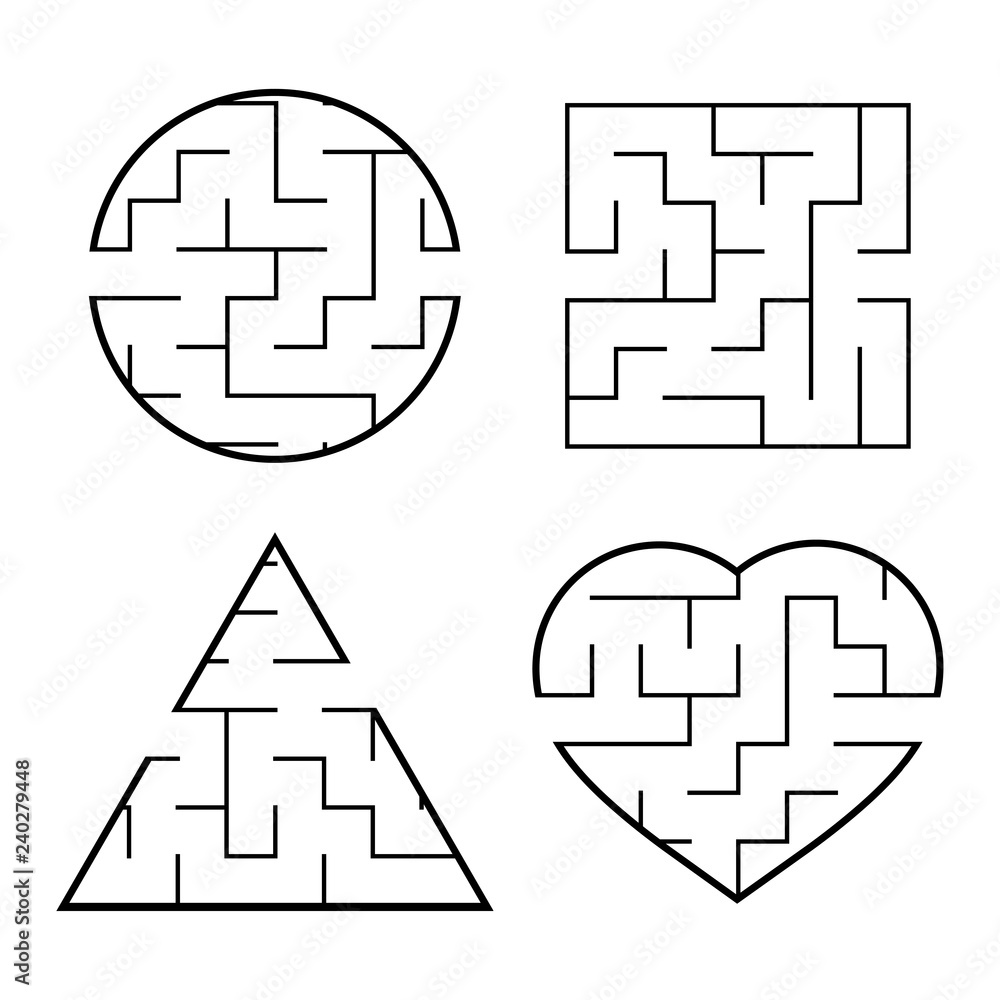 A set of easy mazes. Circle, square, triangle, heart. Game for kids ...