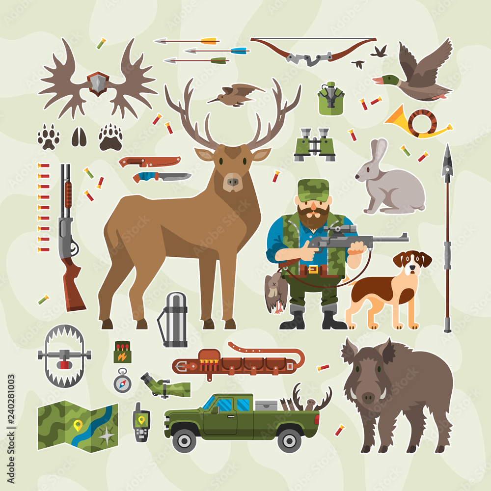 Vector hunting set with flat hunter, animal and elements with dog, deer ...