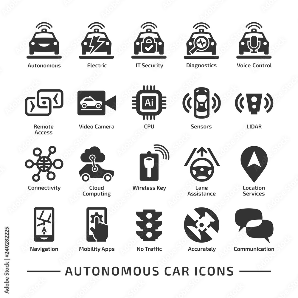 Driverless autonomous car vector icon set. Self driving sensor smart ...