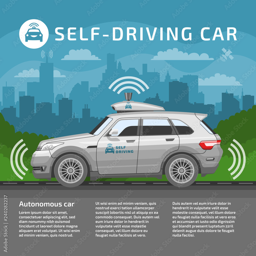 Self drive car vector illustration and mockup. Autonomous driverless sensor smart vehicle with ...