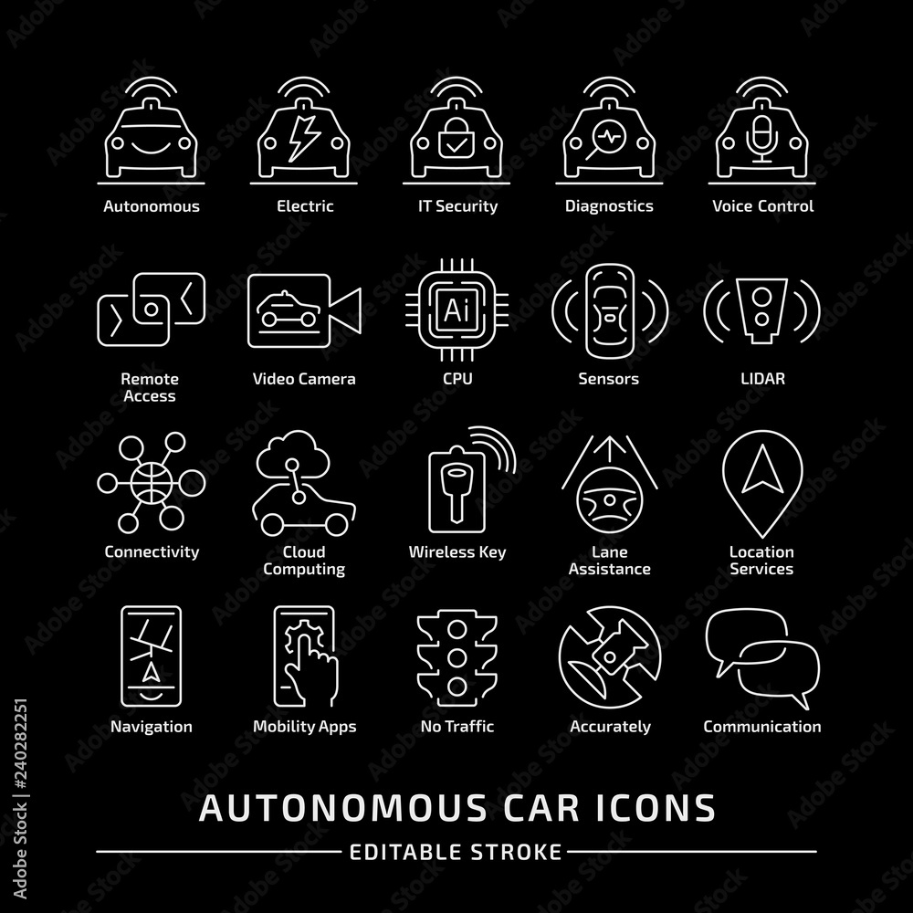 Driverless autonomous car thin icons set. Self driving smart vehicle ...