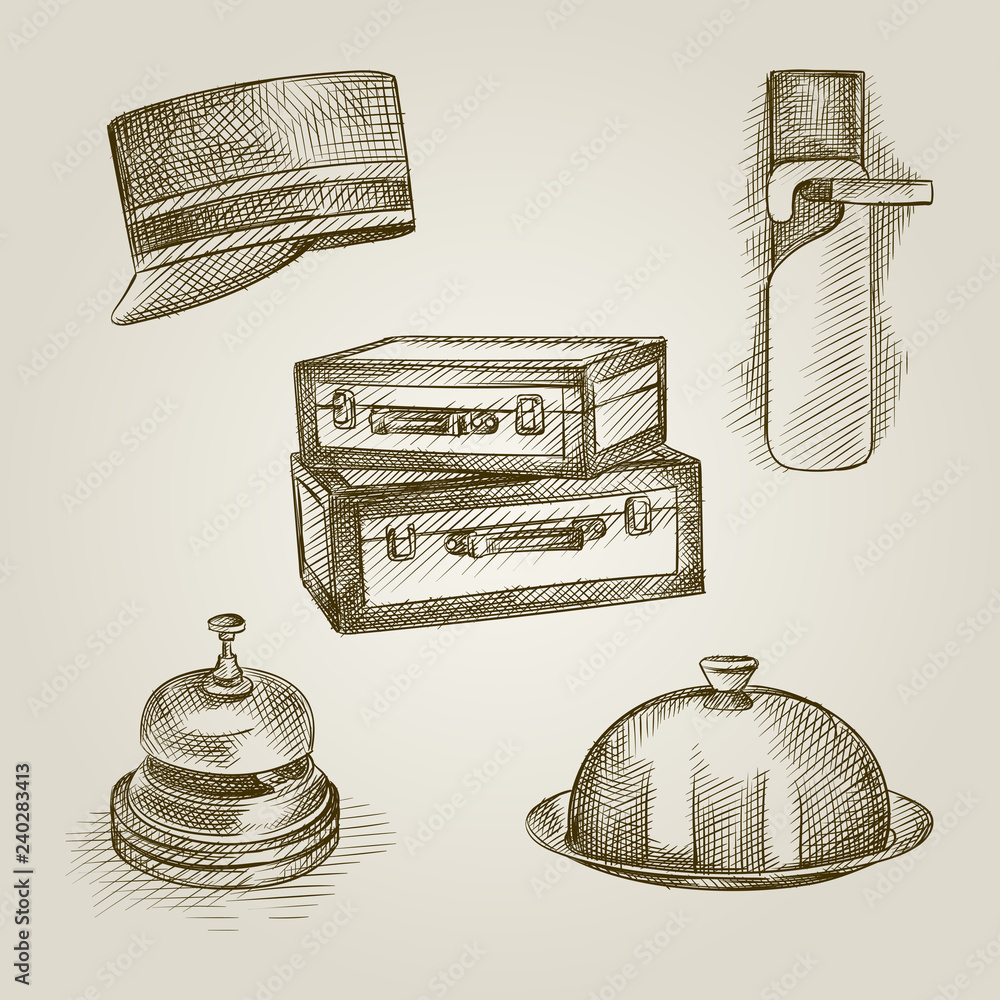 Hand Drawn Hotel service elements Sketches Set. Collection Of suitcases ...