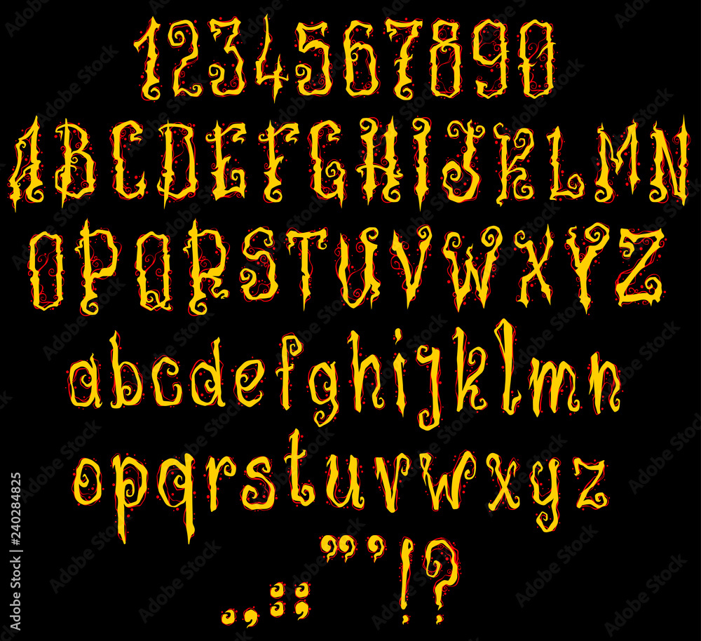 Handrawn curly yellow fire font. Gothic style. Vector alphabet, numbers ...
