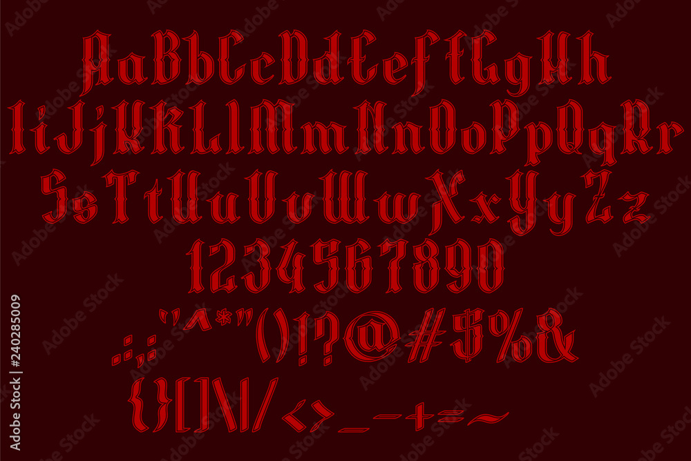 Handrawn red font. Gothic vintage style. Vector alphabet, numbers and ...