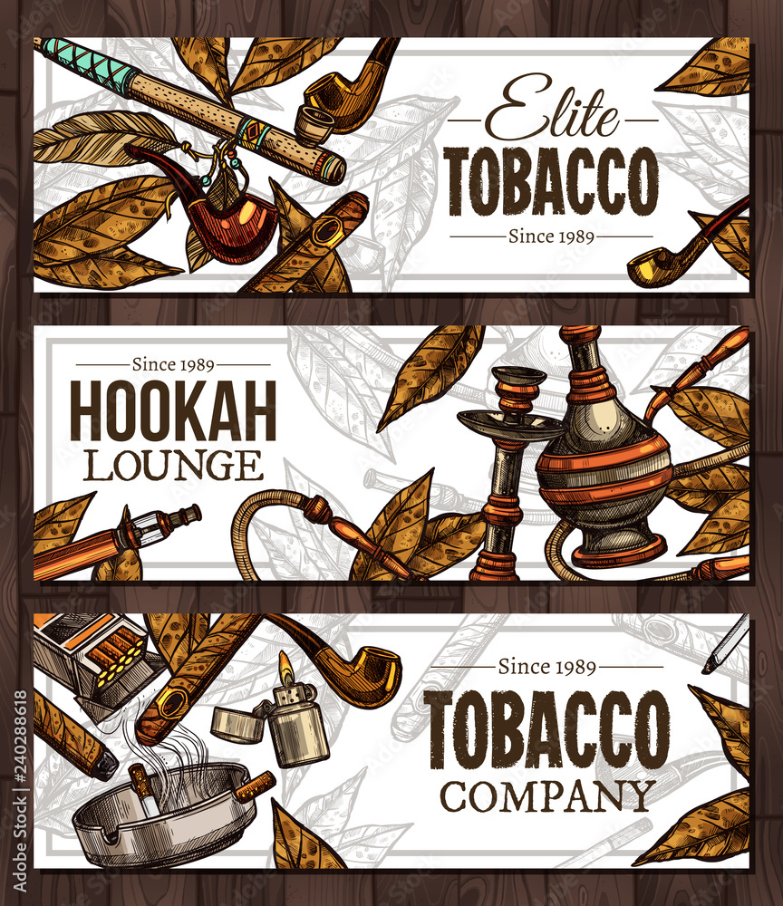 Design of horizontal vector banners with hand drawn tobacco and smoking ...