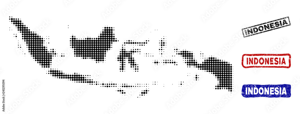 Halftone dot vector abstract Indonesia map and isolated black, red ...