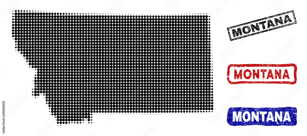 Halftone dot vector abstract Montana State map and isolated black, red ...
