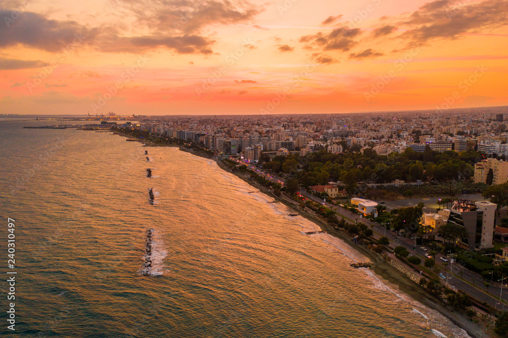 Aerial view of Molos Promenade park on coast of Limassol city centre ...