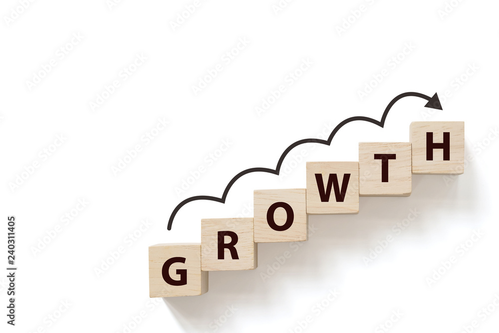 Business success growing growth increase up concept. Wooded cube block ...