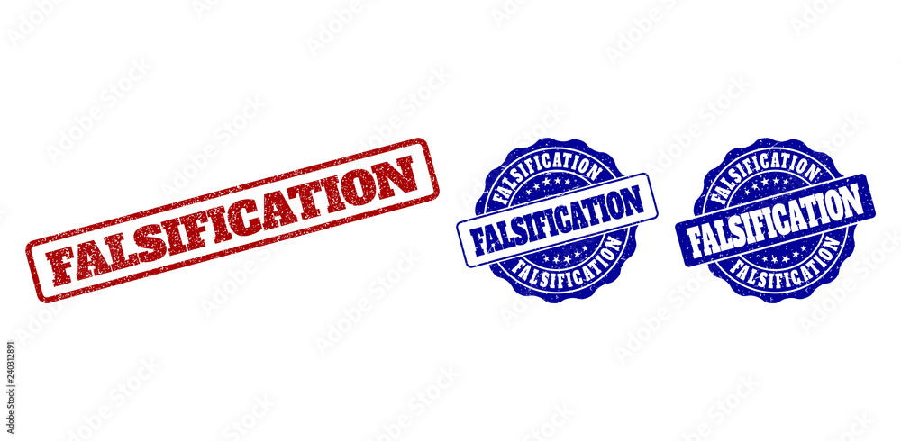 FALSIFICATION grunge stamp seals in red and blue colors. Vector ...