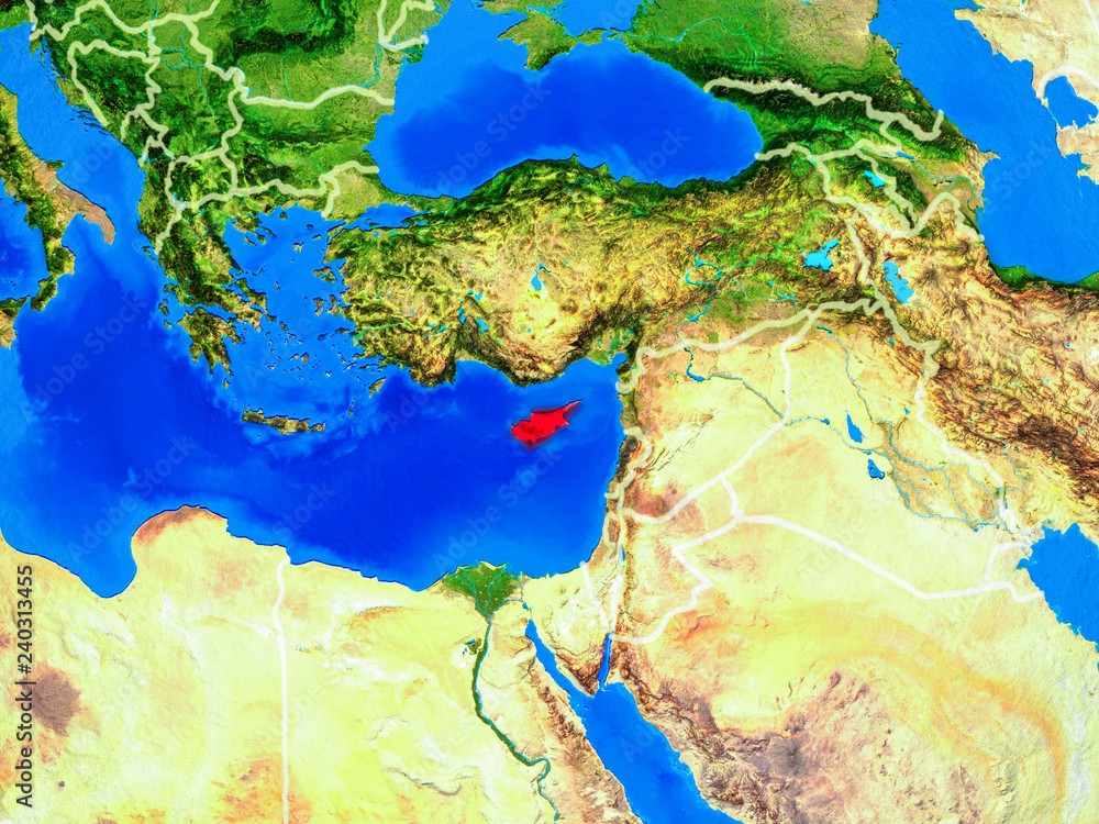 Cyprus from space on model of planet Earth with country borders and ...