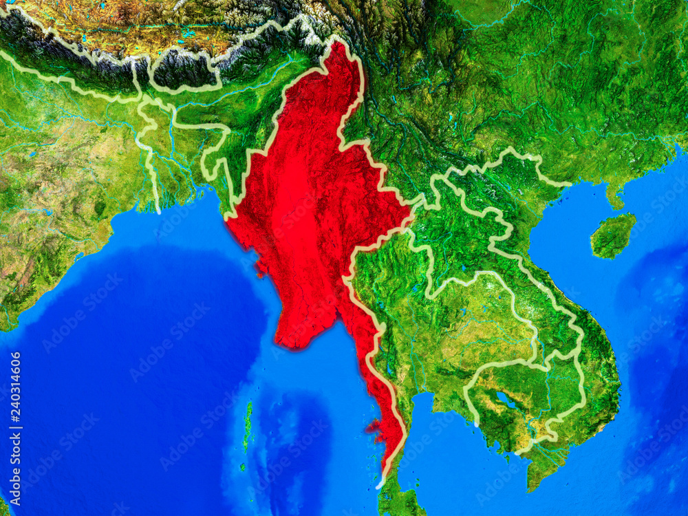 Myanmar from space on model of planet Earth with country borders and ...