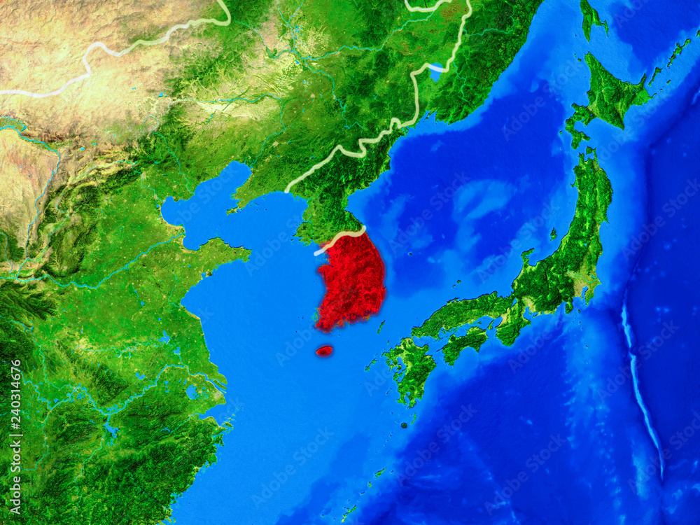 South Korea from space on model of planet Earth with country borders ...