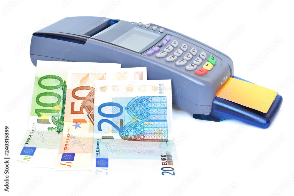 Pos payment terminal with fake empty clear plastic Bank card inserted ...