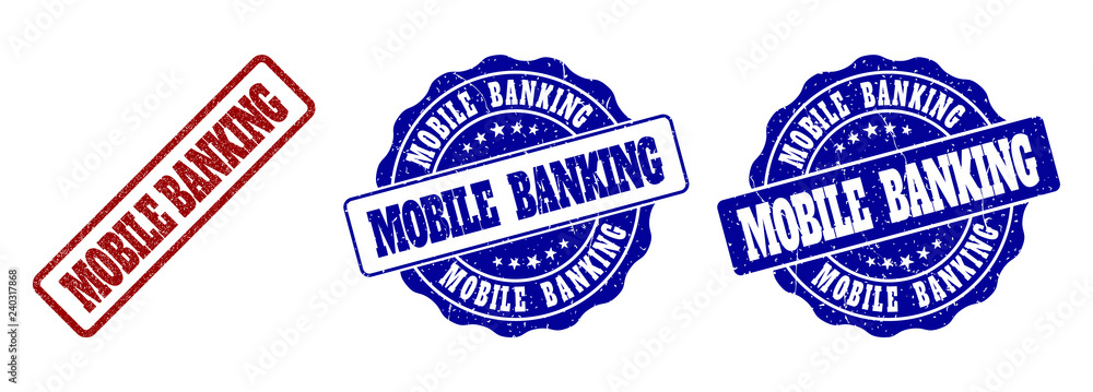 MOBILE BANKING grunge stamp seals in red and blue colors. Vector MOBILE ...