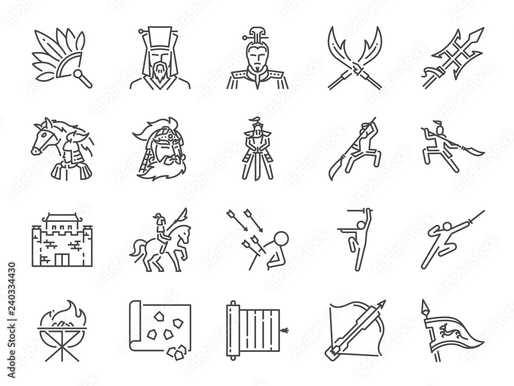 Chinese ancient war line icon set. Included the icons as military ...