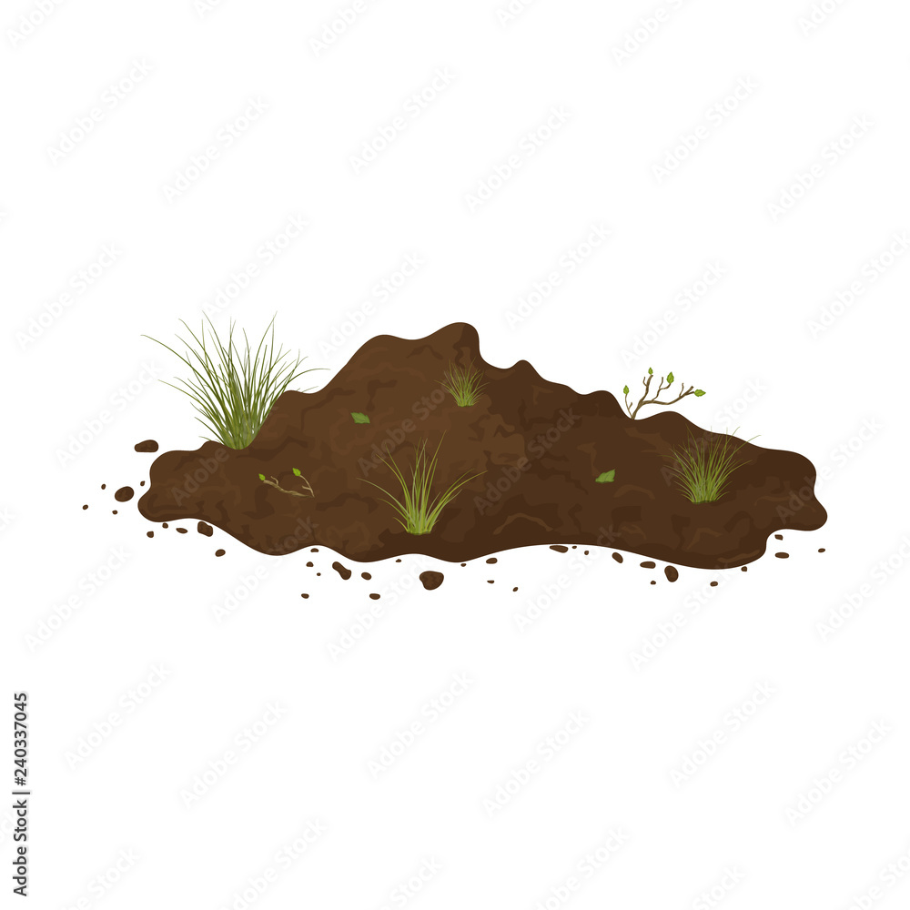 Earth mound. Ground with tuffet and branches with leaves. Illustration ...